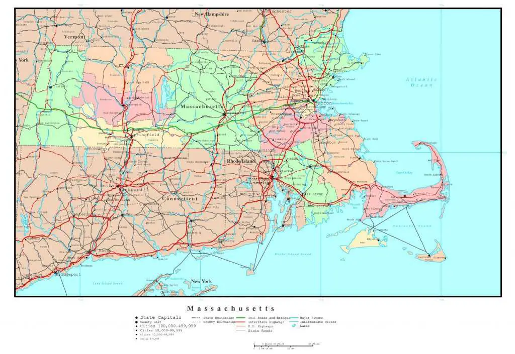 Map of Massachusetts | Massachusetts Map with Cities & Rails